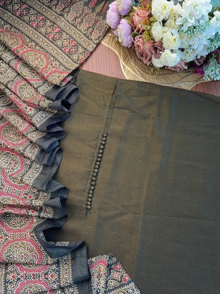 Budget Friendly Roman Silk Unstitched Suit With Ajrakh Print Duppatta